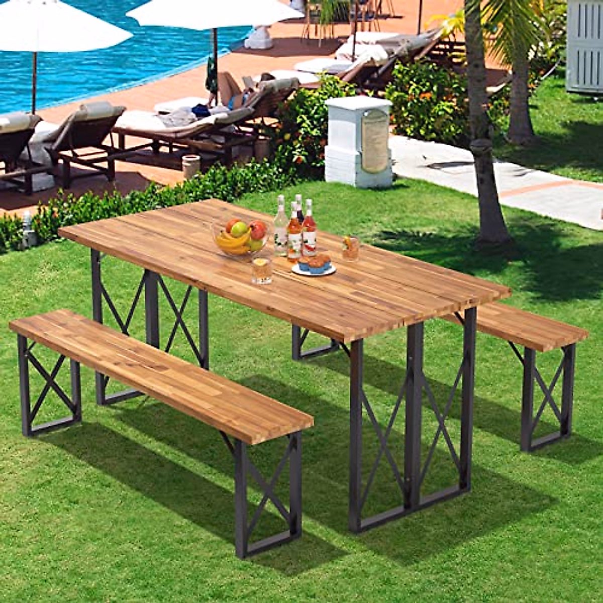 Giantex Outdoor Picnic Table Set with 2 Benches, Acacia Wood Patio Dining Table Set for 6 or 4 Persons, with 2” Umbrella Hole, 67” Large Rectangular Camping Table for Garden Lawn Yard 800 Lbs Capacity