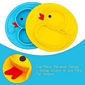 Silicone Divided Toddler Plates - Portable Non Slip Suction Plates for Children Babies and Kids BPA Free Baby Dinner Plate (Duck Blue/Yellow)