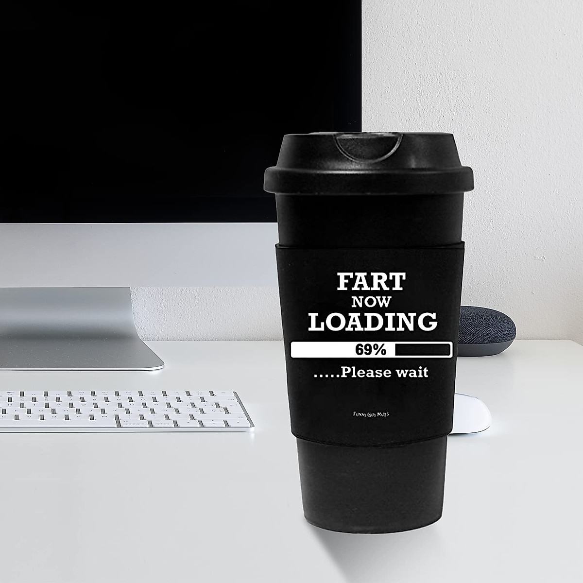 Funny Guy Mugs Fart Now Loading Please Wait Travel Tumbler With Removable Insulated Silicone Sleeve, Black, 16-Ounce