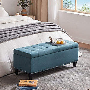 HUIMO Ottoman with Storage, 41-inch Upholstered Fabric Storage Ottoman with Safety Hinge, Storage Bench with Button-Tufted, Ottoman Bench for Bedroom, Entryway, Living Room, End of Bed Bench (Teal)