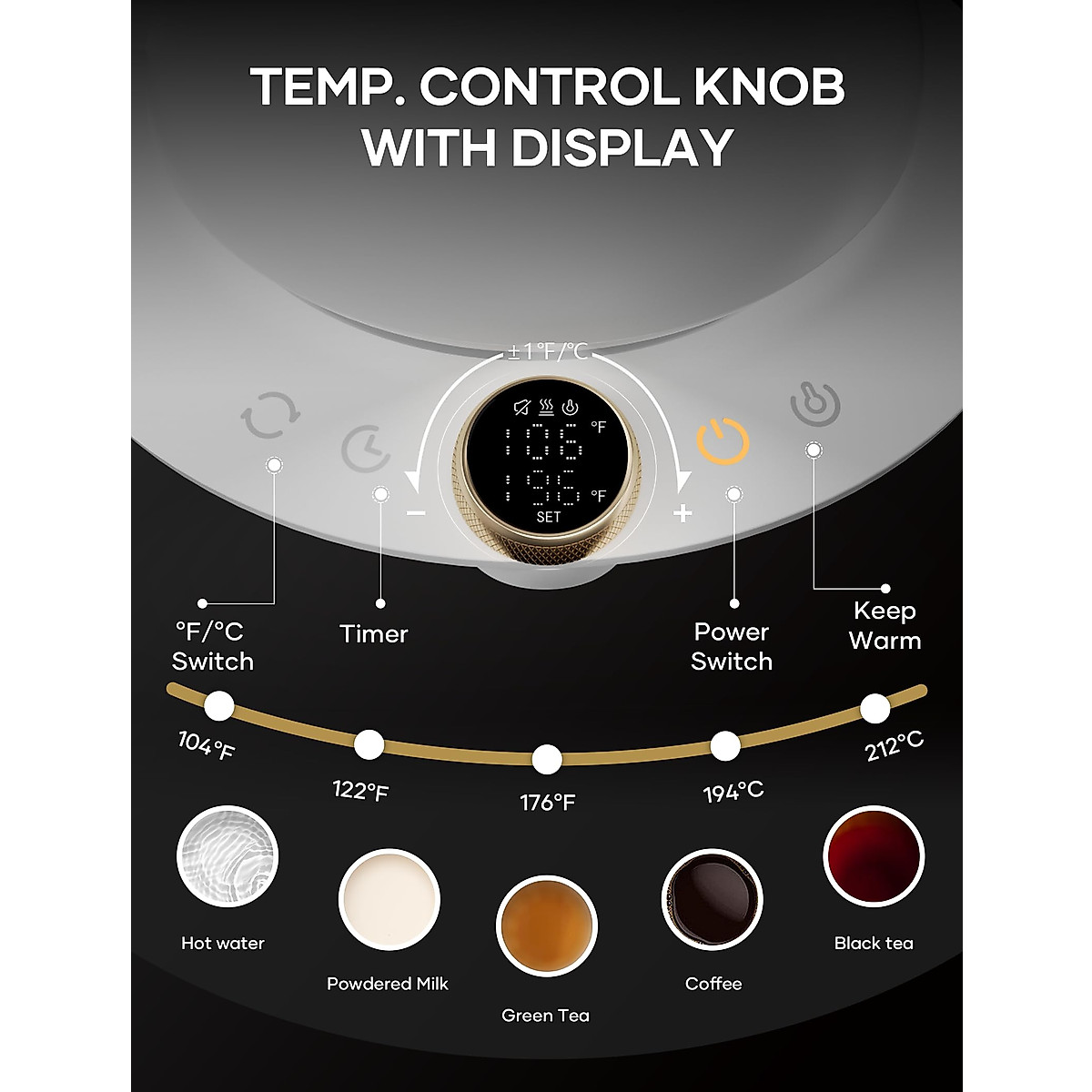 Cocinare Electric Gooseneck Kettle with Temperature Control, Pour Over Coffee & Tea, 1200W for 180-sec Quick Boil Time, Stainless Steel Kettle Water Boiler, 30oz/0.9L (White)