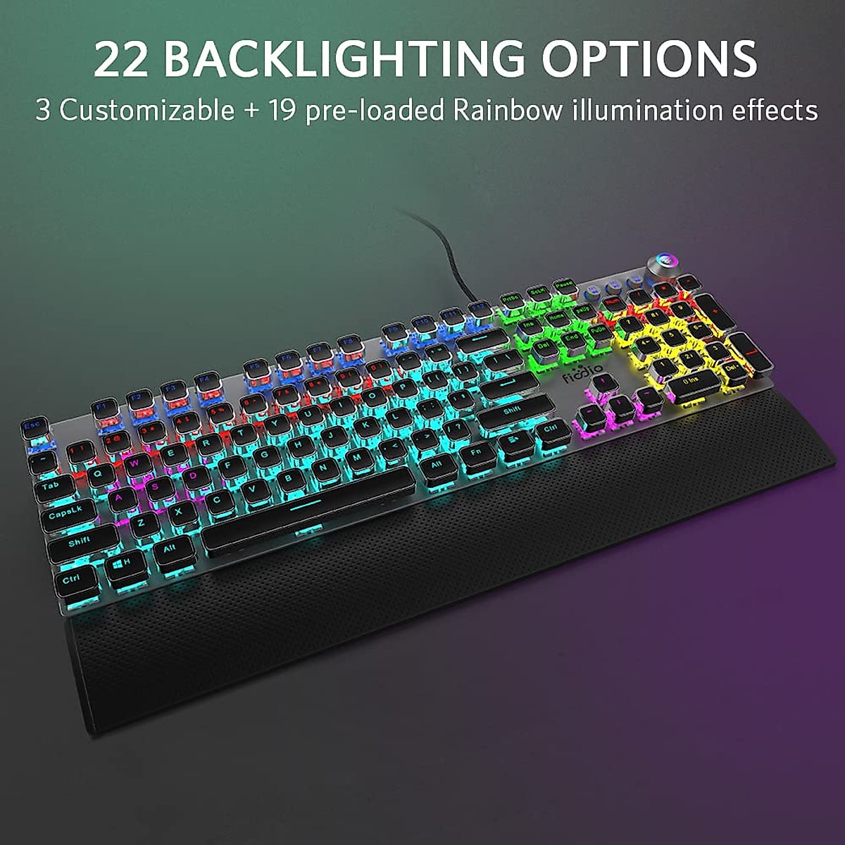Fiodio Mechanical Gaming Keyboard, LED Rainbow Gaming Backlit, 104 Anti-ghosting Keys, Quick-Response Black Switches, Multimedia Control for PC and Desktop Computer, with Removable Hand Rest
