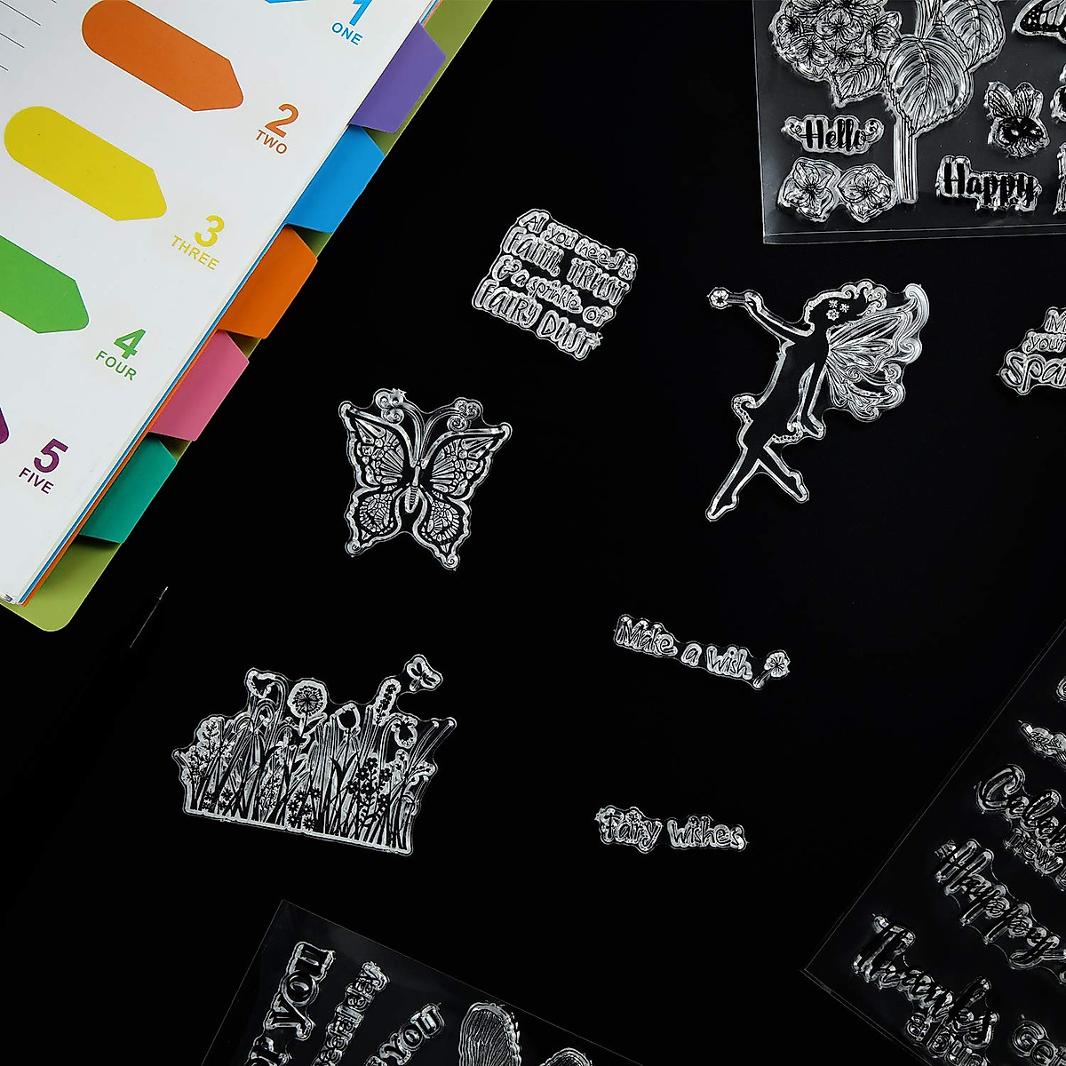 Outus 4 Pieces Clear Stamps Summer Silicone Stamp Cards with Flower, Butterfly, Dragonfly, Greeting Words Pattern for Card Making Decoration and DIY Scrapbooking Embossing Album Decor Craft