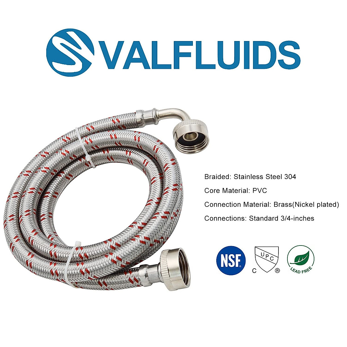 VALFLUIDS Stainless Steel Washing Machine Hoses with 90 Degree Elbow, Red and Blue Striped Water Connection Inlet Supply Lines (5 Foot)