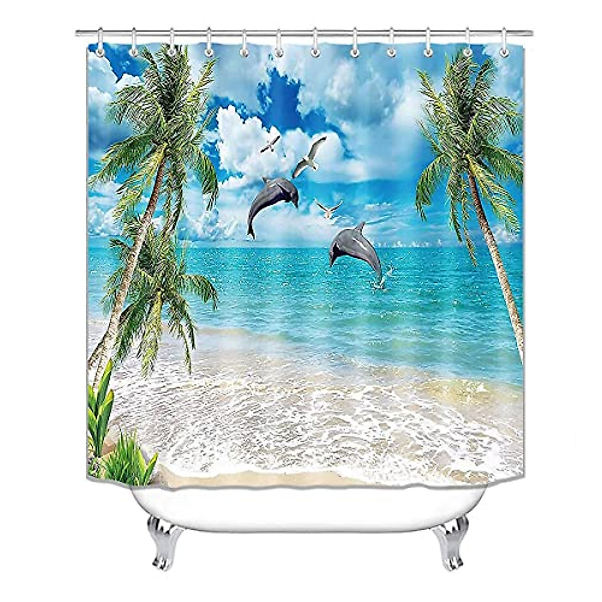 AKvsoze 4PCS Set Tropical Ocean Beach Dolphin Shower Curtain, Teal Sea Blue Sky White Clouds Seagull Green Palm Leaf Seaside Island Scenery Marine Life Bathroom Decor, Non-slip Bath Rugs, Coconut Tree