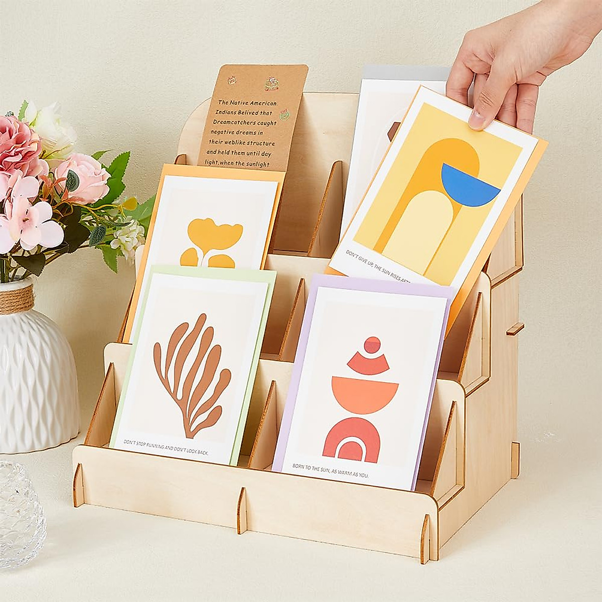 SUPERFINDINGS 6 Shelves Wooden Card Display Stand Self-Installing Business Card Display Rack Mini Craft Show Case Sticker Tape Organiser 30x20x30cm