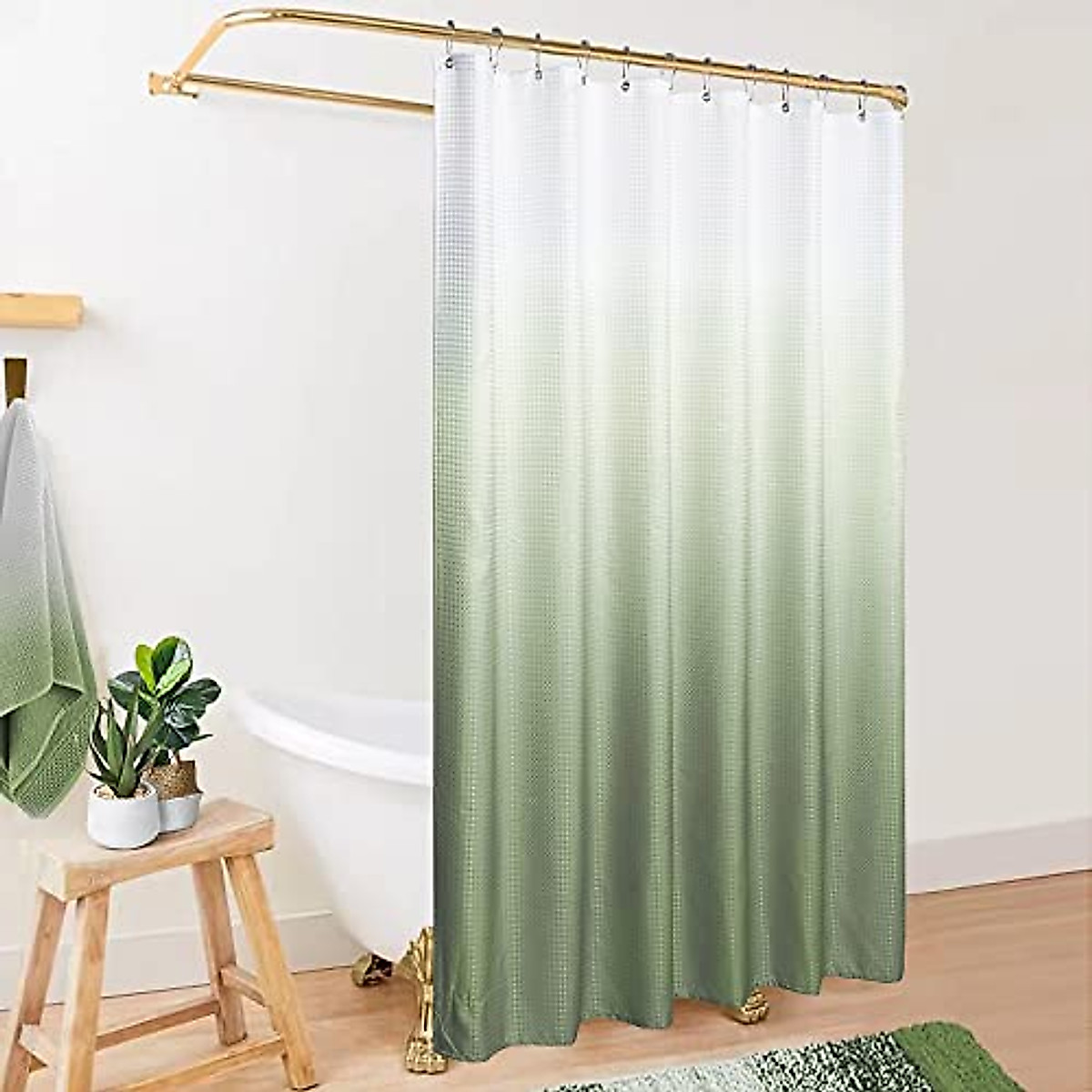 Mrs.Naturall Sage Green Boho Spring Shower Curtains for Bathroom Ombre Waterproof Liner Bath Decor Textured Fabric Shower Curtain Sets with Hooks Machine Washable 70 x 72 inch Long