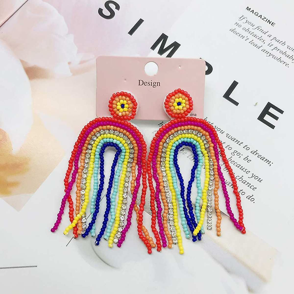 Statement Drop Earrings Rainbow Tassel Beaded Dangle Earrings Gift for Women