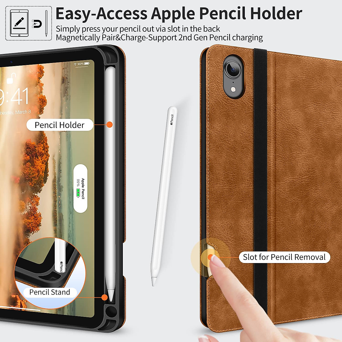H HOLIMET Case for 2024 iPad Mini 7/2021 iPad Mini 6 with Pencil Holder Pocket with Soft TPU Back Cover (Fits Model #'s A2567, A2568, A2569, A2993, A2995, A2996), Sleep/Wake, Vegan Leather