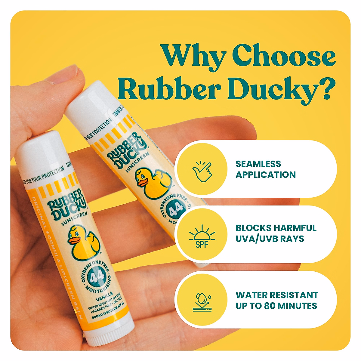Rubber Ducky - SPF 44 Lip Balm - Moisturizing Vitamin E Sunscreen For Lips - All Season Broad Spectrum UV Protection - Waterproof 80 Minutes - NO-OX Protectant - Clear - Vanilla - 3 Pack