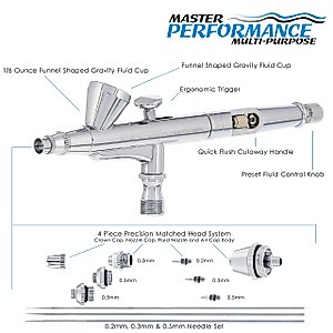 Master Airbrush Model G344 Multi-Purpose Dual-Action Gravity Feed Airbrush with 3 Nozzle Sets (0.2, 0.3 & 0.5mm Needles, Fluid Tips and Air Caps) 1/16 oz. Fluid Cup - User Friendly, Versatile Set Kit