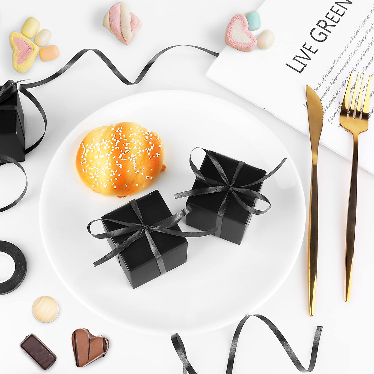 Hooqict Small Gift Boxes for Presents 100pcs 2x2x2 inches Black Favor Boxes Paper Gift Boxes with Ribbons Candy Boxes Party Favors for Wedding Baby Shower Birthday Party Ornament