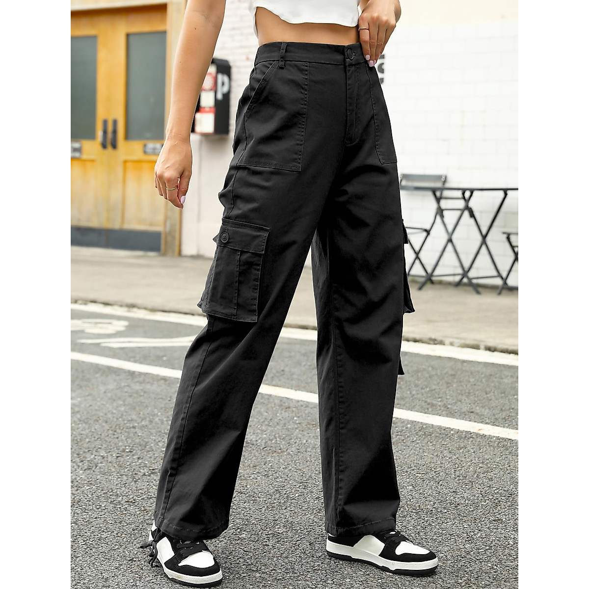 MOYEE Cargo Pants for Women High Waisted and Wide Leg Casual Y2K Pants Baggy Trousers with 7 Pockets(Black, Medium)
