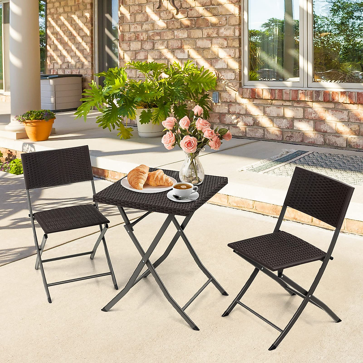 Tangkula 3 Piece Patio Bistro Set, Folding Wicker Chairs & Table Set, Solid Metal Frame, Outdoor Patio Furniture Set for Garden, Front Porch, Poolside, No Assembly Needs (Brown)