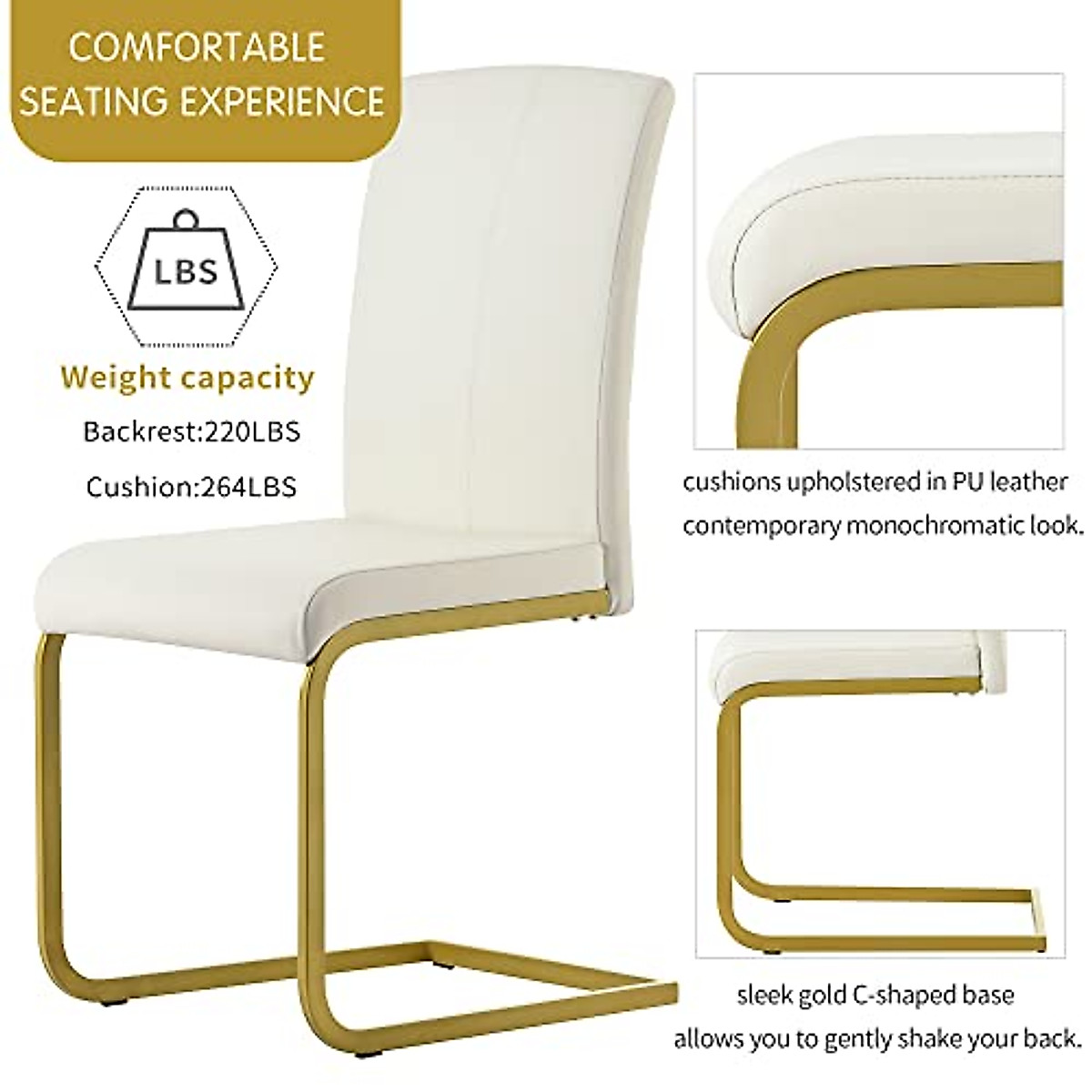 Dinehome 5-Piece Faux Marble Top Round Dining Table and Chairs with Metal Legs Set for 4 Persons, White+Gold