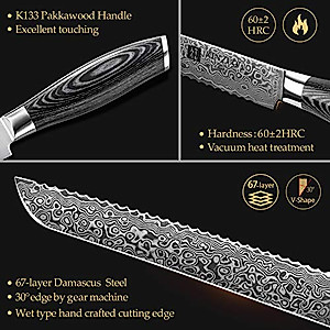 XINZUO 8 Inch Bread Knife High Carbon 67 Layer Japanese VG10 Damascus Super Steel Kitchen Knife Professional Chef's Knife with Pakkawood Handle - Ya Series