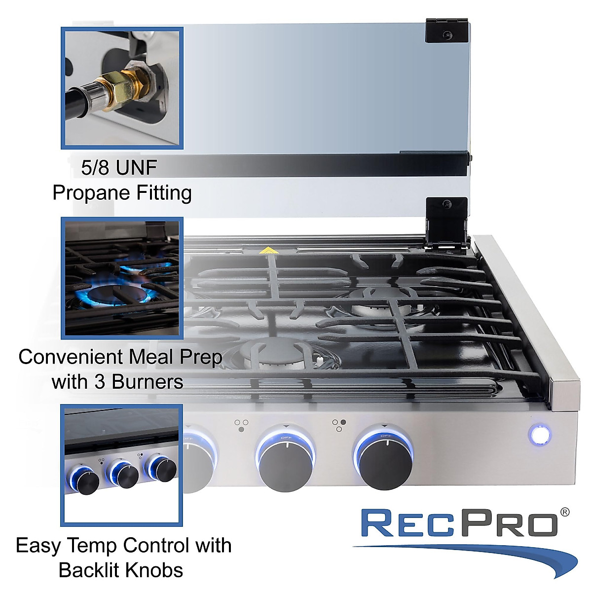 RecPro RV Built In Gas Cooktop | 2 Burner or 3 Burner | RV Cooktop Stove | 6,500 and 8,000 BTU Burners | Cover Included (Stainless Steel, 3-Burner)