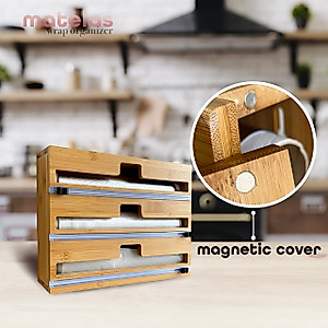 3 in 1 Bamboo Wrap Dispenser with Cutter and Labels, Wax Paper, Foil and Plastic Wrap Organizer Dispenser for Kitchen Drawer or Wall Mounted, Roll Holder, Compatible with 12" Roll [matelas]