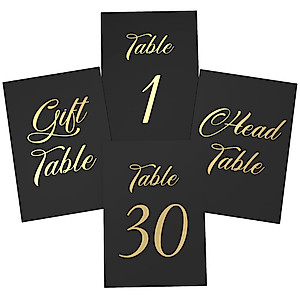 Black Wedding Table Numbers 1-30 with Gold Foil Letters - Table Number Cards 4x6 with Head & Gift Table - Wedding Numbers for Tables Card Stock Wedding Table Numbers for Tables - Wedding Reception