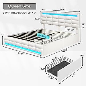 ADORNEVE Queen Bed Frame with Drawers, LED Bed Frame with Charging Station, Pu Leather Platform Bed Frame Queen Size with Storage & LED Lights Headboard Footboard, No Box Spring Needed, White
