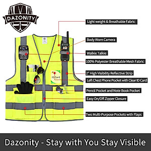 Dazonity High Visibility Safety Vest with Multi Pockets and Zipper, 10 Packs,Reflective Strips, Fit for Men & Women, Work, Construction,Cycling, Runnning, Surveyor, Volunteer (Yellow-XL)