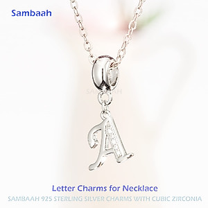 Sambaah Alphabet Charm Letter Beads Solid 925 Sterling Silver with Cubic Stones, Complete A~Z Gift Options fit Pandora European Bracelets(A)