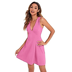 Verdusa Women's Deep V Neck Sleeveless Ribbed A Line Short Skater Dress Hot Pink S