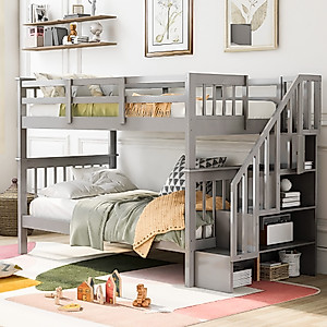 Harper & Bright Designs Twin Bunk Beds, Twin Over Twin Bunk Bed with Stairs and Storage, Low Bunk Beds Twin Over Twin for Kids Girls Boys, Grey