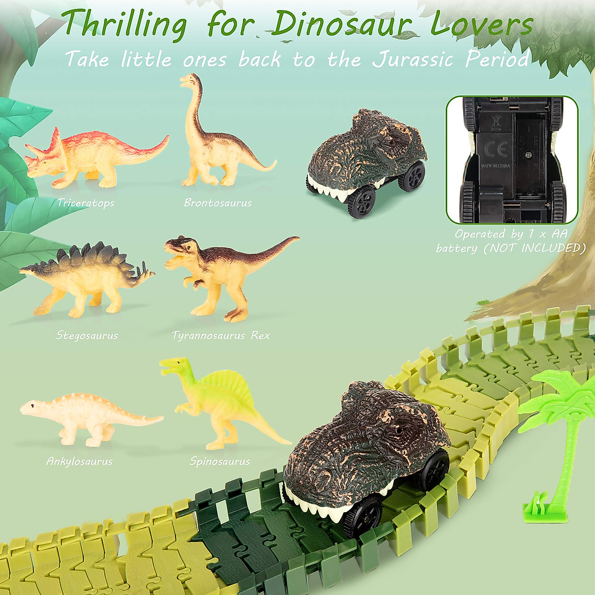 Batlofty Dinosaur Toys Race Track, Flexible Track Playset, Create A Dinosaur World Road Race with 1 Dinosaur Car and 6 Dinosaur Toys for 3 4 5 6 7 Year Old Boys Girls Birthday Gifts