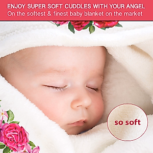 Bolino Baby Milestone Blanket for Girls Photo Prop ‎with 2 Frames, 5 Hair Bands, Flower Design in Soft ‎Minky Fleece - Baby Gift for Newborn Girl - 40x51 ‎In - Pink Flowers on White Background