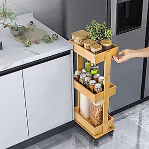 TOPZEA Slim Storage Cart, 3-Tier Bamboo Rolling Utility Cart Standing Rack on Wheel, Mobile Shelving Unit Organizer Serving Trolley Slide Out Cart for Office Bathroom Kitchen Laundry Room(Upgraded)