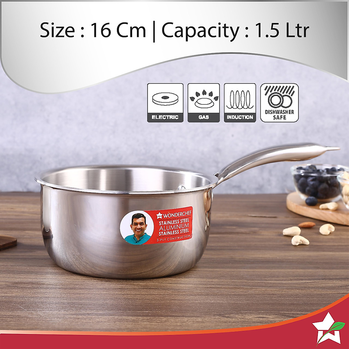 Wonderchef Nigella Tri-ply Stainless Steel 16 cm Sauce Pan | 1.5 Liters | 2.6mm Thickness | Silver |10 Years Warranty