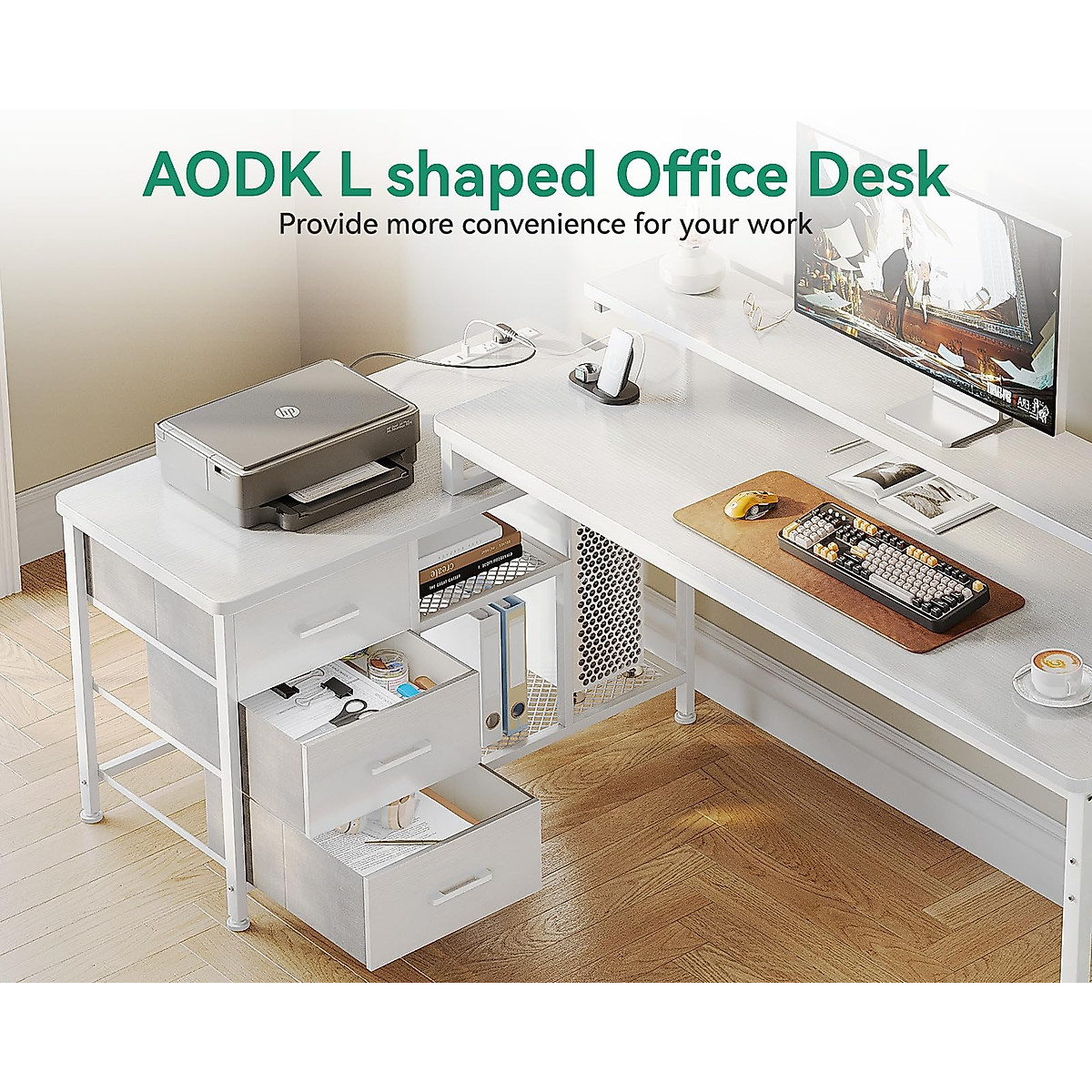 AODK 70 Inch L Shaped Computer Desk with Power Outlets & USB Charging Ports, Reversible L-Shaped Corner Desk with Drawers & Monitor Stand, Home Office Workstation with Storage Cabinet, White