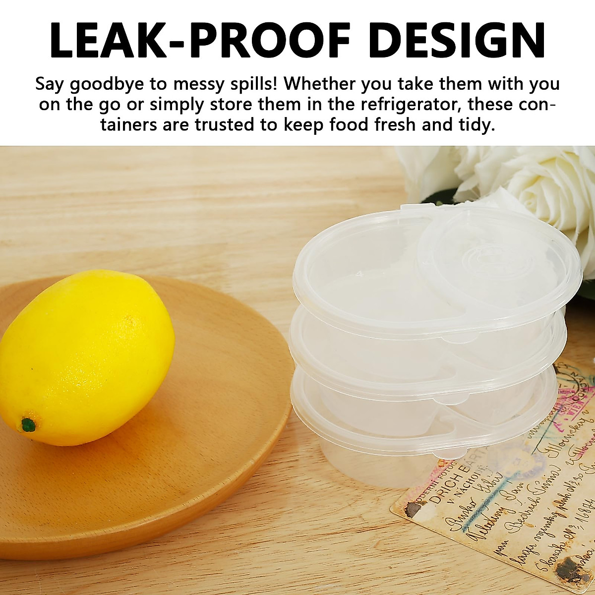 OWTWCNL 50Pcs Double Condiment Containers, Double Compartment Condiment Container with Lid, Leakproof Clear Plastic 150ml Portion Cups Chutney Chili Sauce Dips Snack Boxes