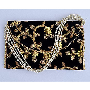 Truesellershop Indian Women's Stylish Zari Velvet Clutch Golden Embroidery Tote Bag Wrist Bag Purse Pearl Handle Evening Clutch Wedding Purse for Girls (Black)