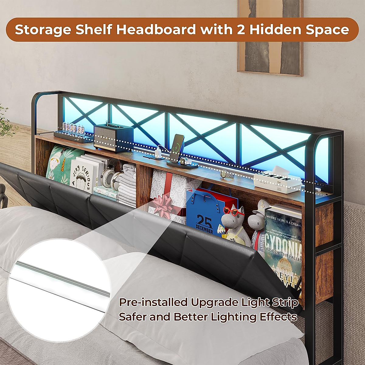 DICTAC California King Bed Frame with Hidden Storage and 2 Drawers Metal Cal King Size Platform Bed with Led Lights and Charging Station Led Bed with Upholstered Headboard,No Box Spring Needed,Black