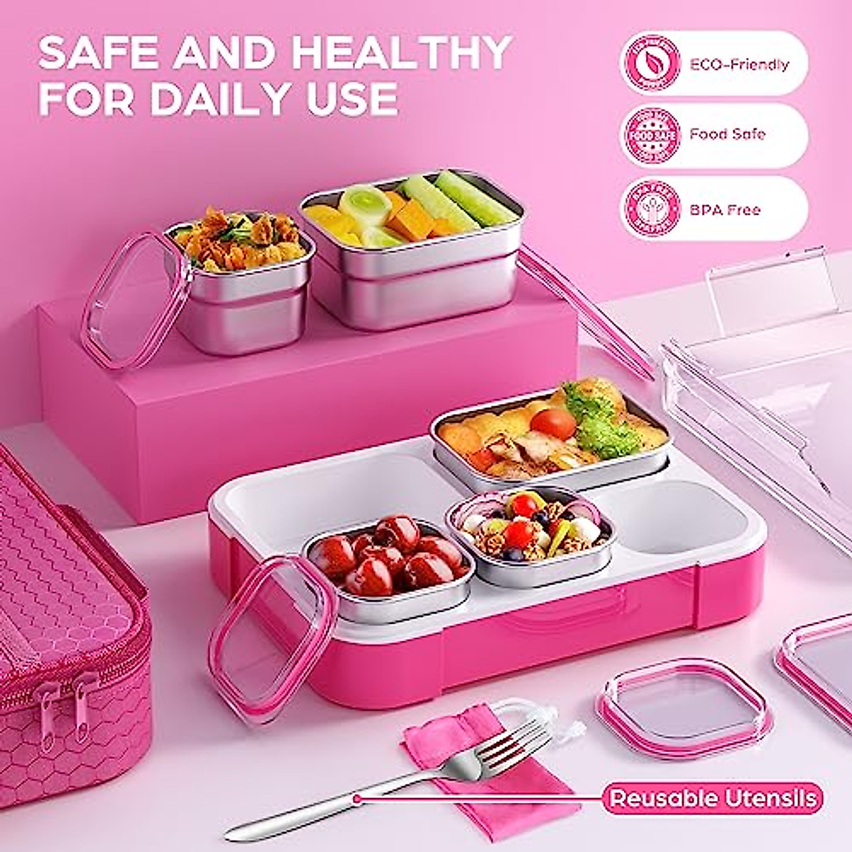 TIME4DEALS Stainless Steel Bento Lunch Box Kids Adult - Leak Proof School Lunch Container with 5-Compartment and Fork Lunch Bag Set for Toddler Child Bento Box for Work Picnic Outdoor, BPA-Free (Pink)