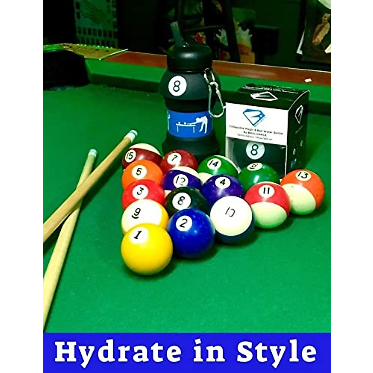 8 Ball Water Bottle - Collapsible Silicone Durable Handheld H2O Wide Mouth Black Sports Billiards Ball Container holds 19oz