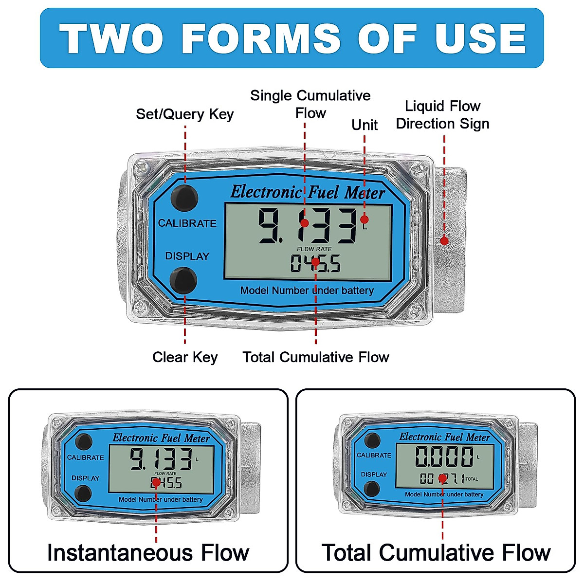 UwinVwin 1" 2.6-26 GPM Inline NPT Thread Flowmeter, Digital Turbine Fuel Flow Meter, for Water, Diesel, Gas Oil, Gasoline, and Other Liquids - Supports Gallon, QTS, PTS, L, m³ with 3/4 in Adapters