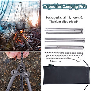 iBasingo Outdoor Titanium Pot with Lid Folding Handle Camping Hanging Cookware Hiking Picnic Ultralight Bowl Tableware (Ti9013O-Tripod)