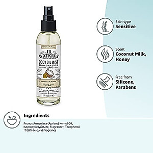 JR Watkins Natural Hydrating Body Oil Mist, Coconut Milk & Honey, Moisturizing Body Oil Spray for Glowing Skin, USA Made and Cruelty Free, 6 fl oz