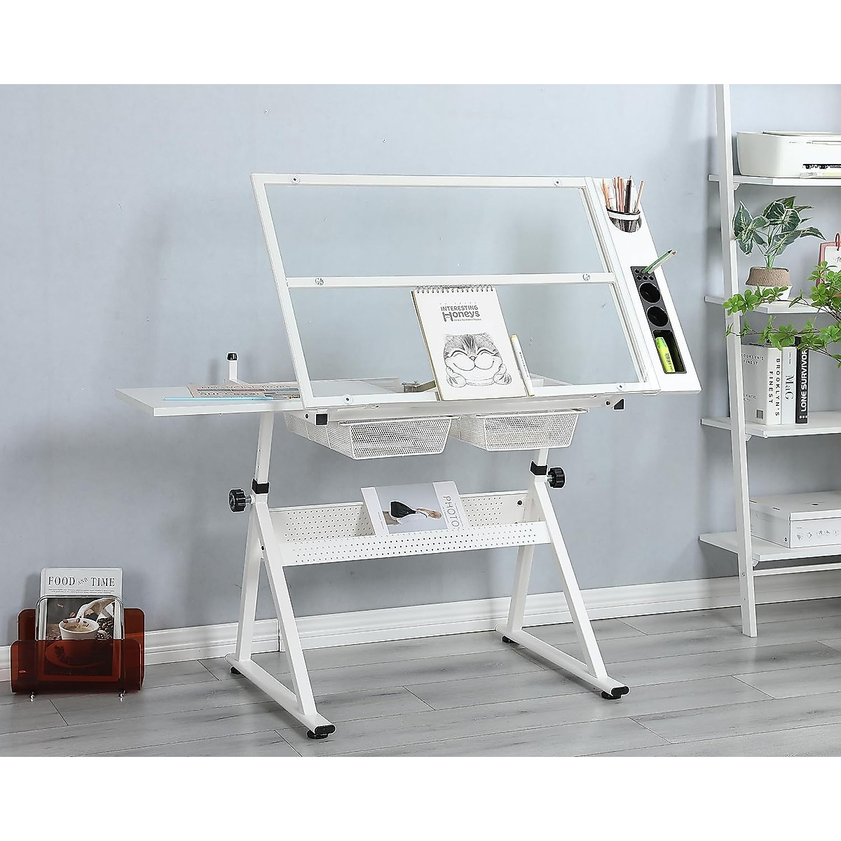 Seed Spring Adjustable Tempered Glass Drafting Printing Table, Modern Design Drafting Table Desk with Chair, Solid Construction, White Printing Desk with Storage Space for Home Office School