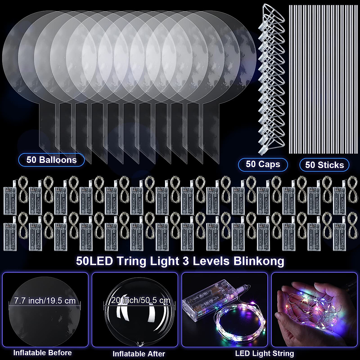 50 Pcs Clear Balloons 20 Inches LED Balloons Light up Balloons Flashing Bobo Balloons Glow Balloons Transparent Balloon with Handles and String Lights for Birthday Christmas Wedding Party Decoration