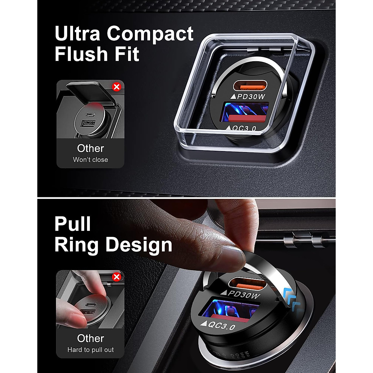 2Pack Fast Car Charger USB C, 30W Mini Cigarette Lighter Adapter, Dual Port PD&QC 3.0 USB C Car Phone Charger Type C Car Plug Fast Charging for iPhone 15 14Pro 13 12, Pixel 8 7 Pro 7a 6 5 4XL, Samsung