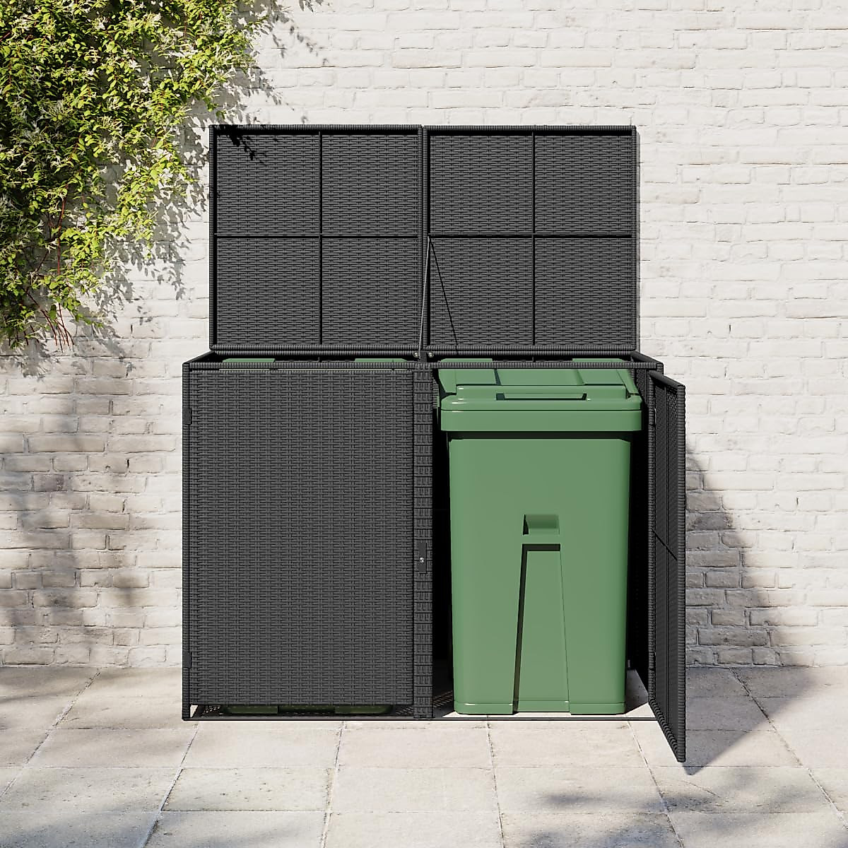 vidaXL Double Wheelie Bin Shed with Lid and Lockable Doors, Outdoor Garbage Bin Storage Shed, Weather-Resistant Sturdy Construction, Poly Rattan 31.5"x58.3"x43.7" Black