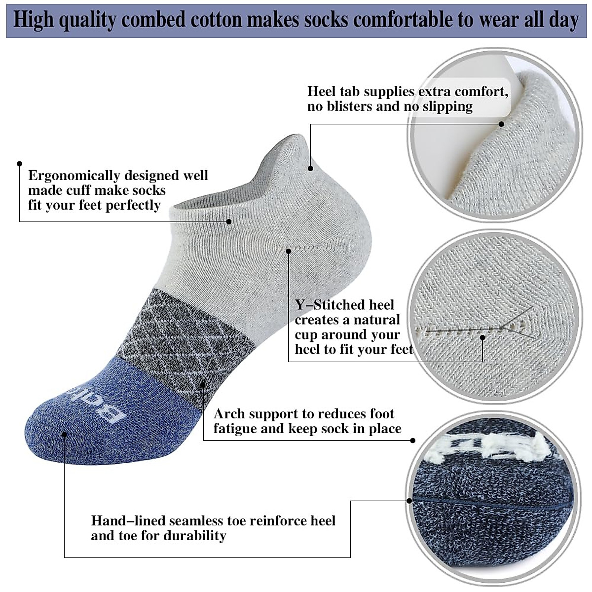bataidis Women's Casual Ankle Socks Low Cut Athletic Socks 6 pairs (US, Alpha, Medium, Regular, Regular, Blue1)