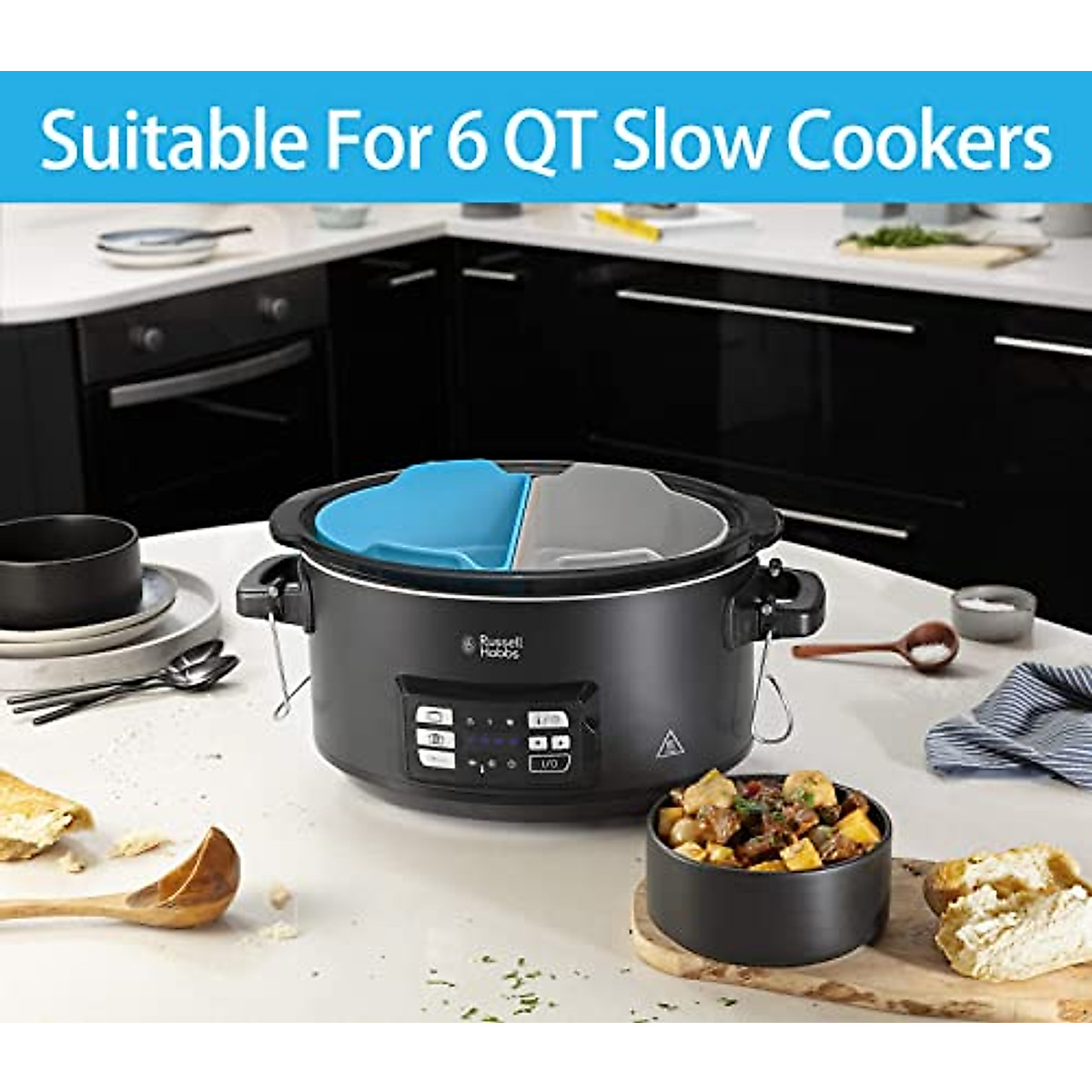 Reusable Slow Cooker Divider Crock pot divider silicon insert Foldable 3-8 Quart Silicone Slow Cooker liners Slow Cooker Liners Blue+Grey