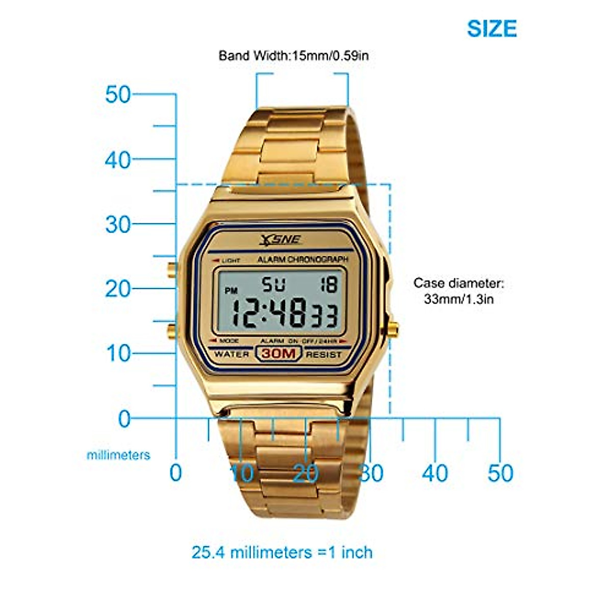 Digital Sports Watch Men's Women Water Resistant Outdoor Stainless Steel Band Electronic Square LED Back Light Wristwatch Gold 1123