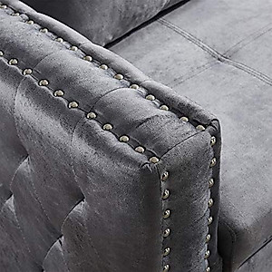 HABITRIO Sectional Sofa with Pull Out Bed, Solid Wood & Velvet Upholstered 2 Seats Sofa and Reversible Chaise Lounge w/Storage, Modern Design 91" L-Shaped Sleeper Sofa for Living Room, Grey