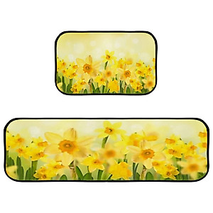 Kuizee Kitchen Mat Set of 2 Pieces Anti Fatigue Rugs Yellow Daffodils Spring Butterflies Floral Soft Water Absorbent Non-Slip Standing Mats Kitchen Decor Floor,17.7"x 29" +17.7"x58"